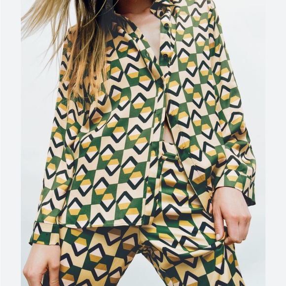 Zara | Tops | Zara Geometric Patterned Green Blouse Top | Poshmark